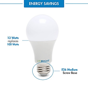 Viribright 100 Watt Equivalent (13W), LED Light Bulbs, Warm White 2700K, A19 100w Bulb, A19 Base Light Bulb, 4 Pack