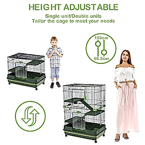 Origeture 4-Level 32" Metal Small Animal Cage Height Adjustable Rabbit Chinchilla Ferret Bunny Cage with Lockable Casters Grilles Slide-Out Tray for Guinea Pig Squirrel Hedgehog (Green)