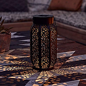 Lights4fun, Inc. 11" Moroccan Solar Powered LED Black Metal Garden & Patio Lantern Light with Bronze Finish