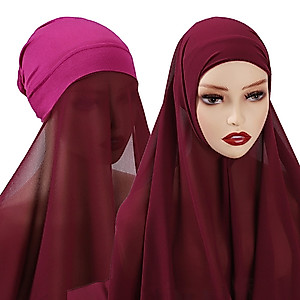 MOWEN Bubble Chiffon Scarf with Underscarf Cap for Women Hijab Muslim Lightweight 27"X70"（Rose Red）