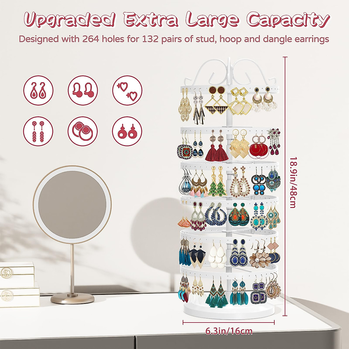 MODOWEY 6 Tier Rotating Metal Earring Holder Organizer Stand Adjustable Display Tree for Women, 264 Holes Large Storage Rack for Stud Post Dangling Hoop, Keep Earrings Neatly Arranged(White)
