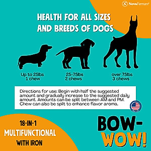 NovaFerrum Bow Wow | 18-in-1 Multifunctional with Iron Supplement for Dogs | Blood Support for Anemia | Glucosamine | Probiotics | Antioxidants | Chicken Flavor | 90 Chews