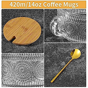 GUUTRY Vintage Coffee Mugs Set of 4: Glass Coffee Cups with Bamboo Lids and Spoons - 14 Oz Clear Embossed Glassware Tea Cups - Iced Coffee Glasses/Overnight Oats Container/Coffee Bar Accessories