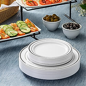 Comfy Package [60 Piece] Combo Silver Trim Plastic Plates - Premium Heavy-Duty 30 Disposable 10.25" Dinner Party Plates and 30 Disposable 7.5" Salad Plates
