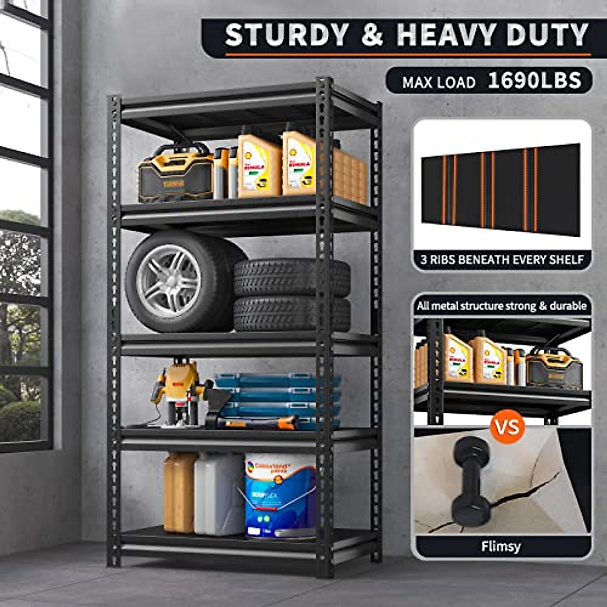 REIBII Garage Shelving Heavy Duty Storage Shelves Loads 1690 LBS, Garage Storage Shelves Adjustable Metal Shelving Heavy Duty Metal Shelves for Garage,Basement 32" W x 17" D x 72" H,Black