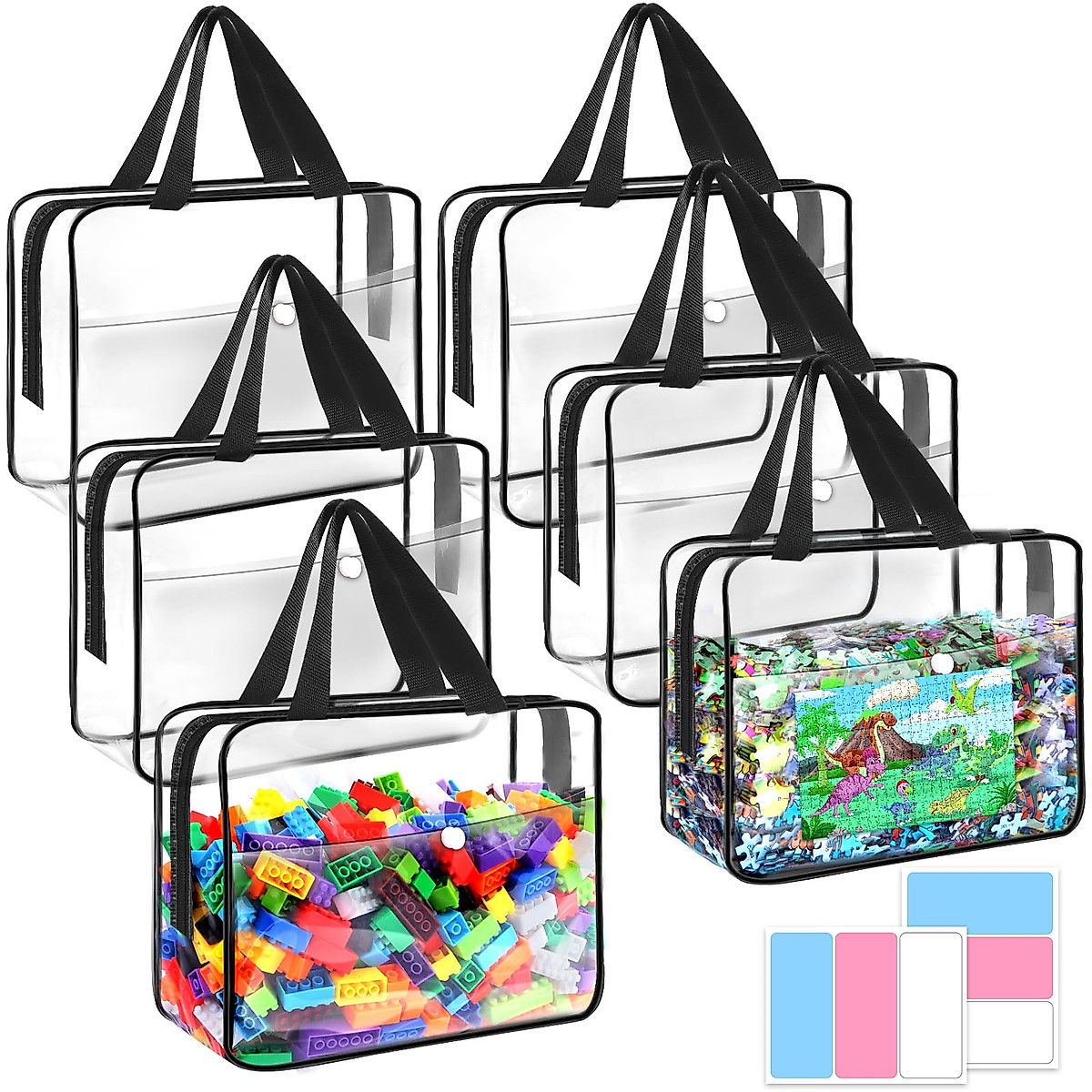 BFPT 6 Packs Toy Storage Bags Large with Zipper and Labels(6Pcs), PVC Waterproof Organizers Toy Bags for Board Games, Puzzles Pieces, Building Blocks, Handmade Accessories, Kid Books