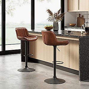 Volans Bar Stools Set of 4, Mid Century Modern Faux Leather Swivel Adjustable Height Bar Stool, Counter Height Pub Bar Chair with Back, Black Powder Coated Base, Cognac