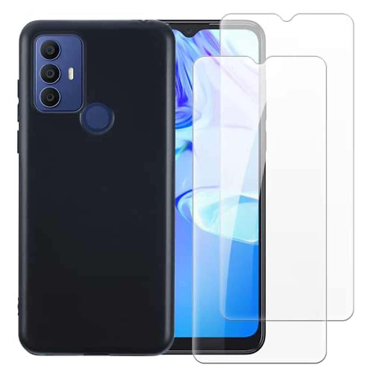 Shantime Case for TCL 305 + 2 x Screen Protector Tempered Glass Protective Film - [2 Pack] Soft Gel TPU Silicone Protection Case for TCL 306 TCL 30 SE TCL 30E(6.52") (Black)