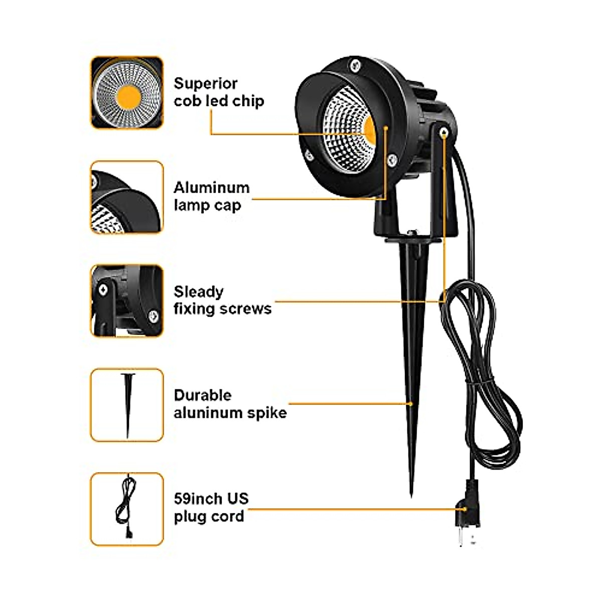 Outdoor Landscape Lights, 10W 120V AC LED Landscape Spot Light with Metal Ground Spike, 3000K Warm White, IP65 Waterproof, 5FT Cord with US Plug for Lawn, Garden, Yard, Flag Light (6 Pack)