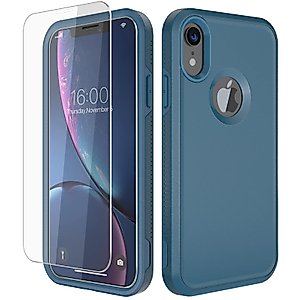Diverbox for iPhone XR Case [Tempered Glass Screen Protector] [Shockproof] [Dropproof] Heavy Duty Protection Phone Case Cover for Apple iPhone XR Blue