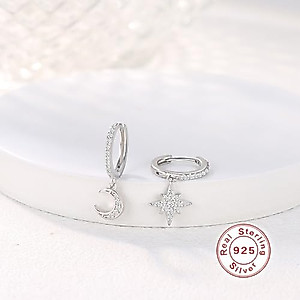 Moon Star Hoop Dangle Earrings for Women, Small Huggie Hoop Earring with Cubic Zirconia Charm for Teen Girls in Sterling Silver (Silver)