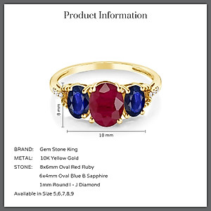 Gem Stone King 10K Yellow Gold Oval Red Ruby and Blue Sapphire Women 3 Stone Engagement Ring (5.29 Cttw, Gemstone Birthstone) (Size 8)