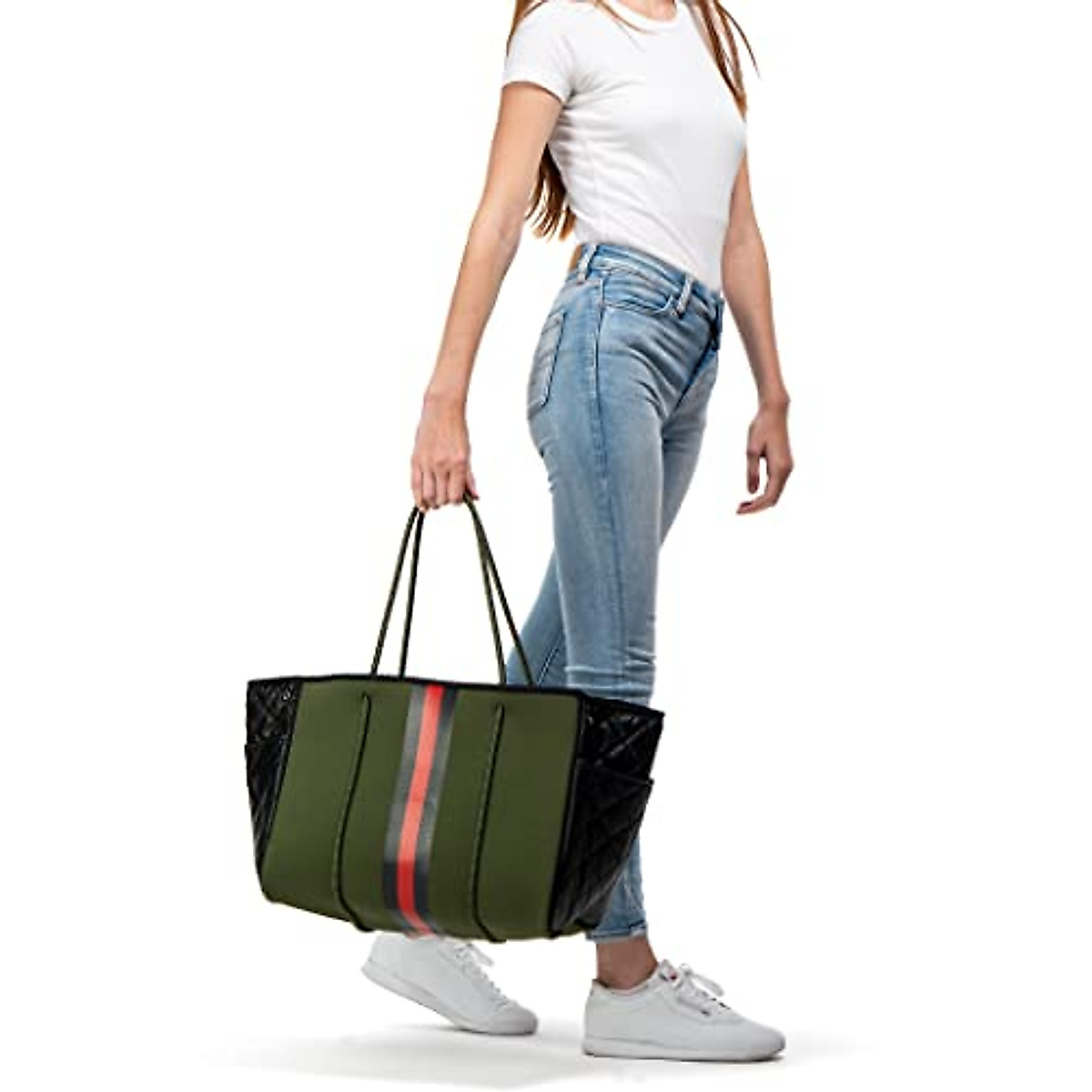 Haute Shore - Greyson Avenue Neoprene Tote Bag w/Zipper Wristlet Inside, Army W/Black & Red Stripe