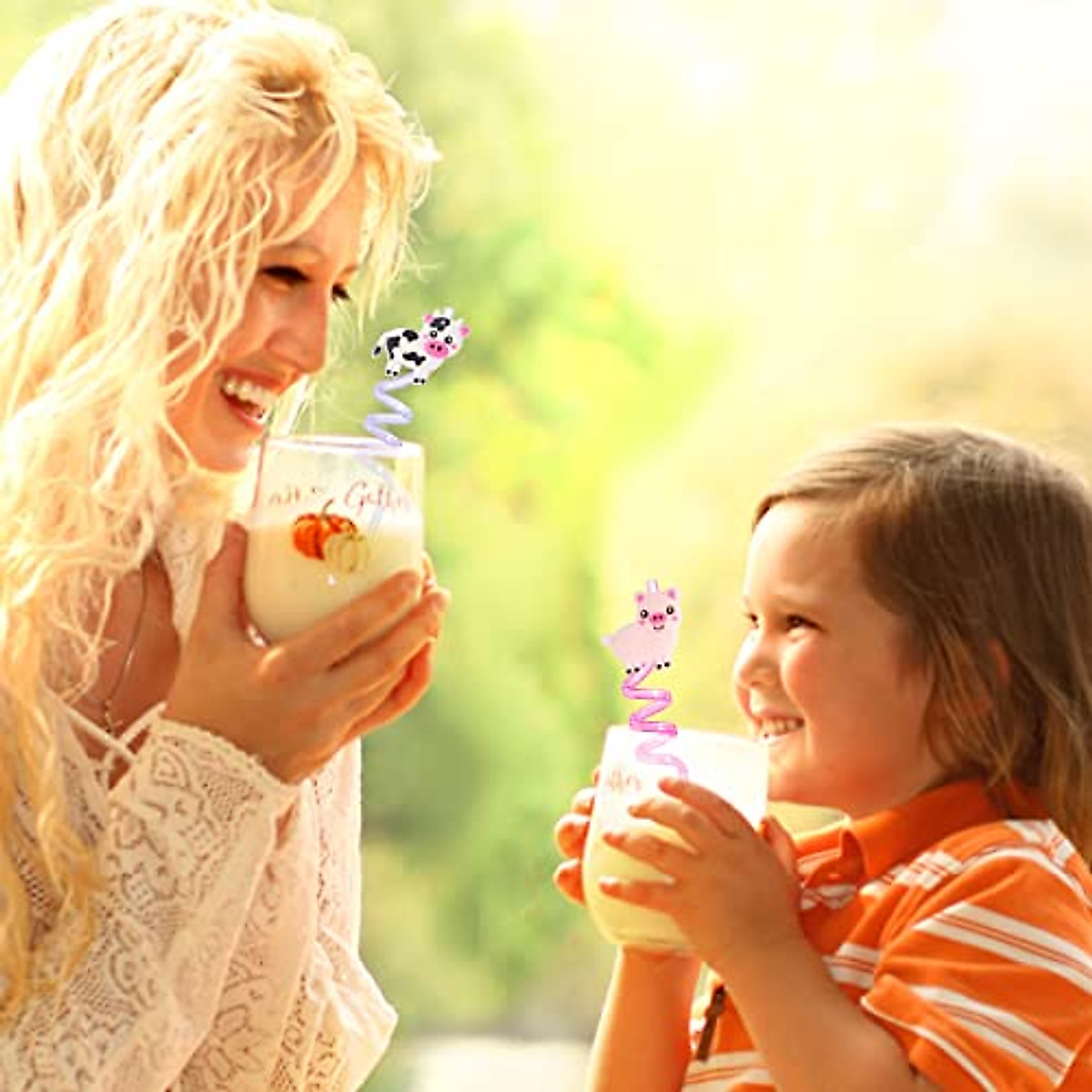 BravOne 24 PCS Farm Animal Plastic Straws, Reusable Colorful Drinking Straws with Chicken Rabbit Sheep Horse Cow Pig Lion Giraffe Pattern for Birthday Party Supplies 2 Cleaning Brushes (Farm Animal)