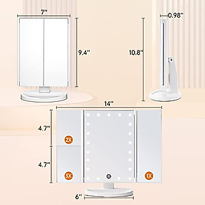 FASCINATE Trifold Vanity Mirror with Lights, Lighted Makeup Mirror 2X/3X Magnification, 21 LED Touch Dimming, Dual Power 90° Rotation Lit Beauty Table Mirror, Make up Mirror with Lighting (White)