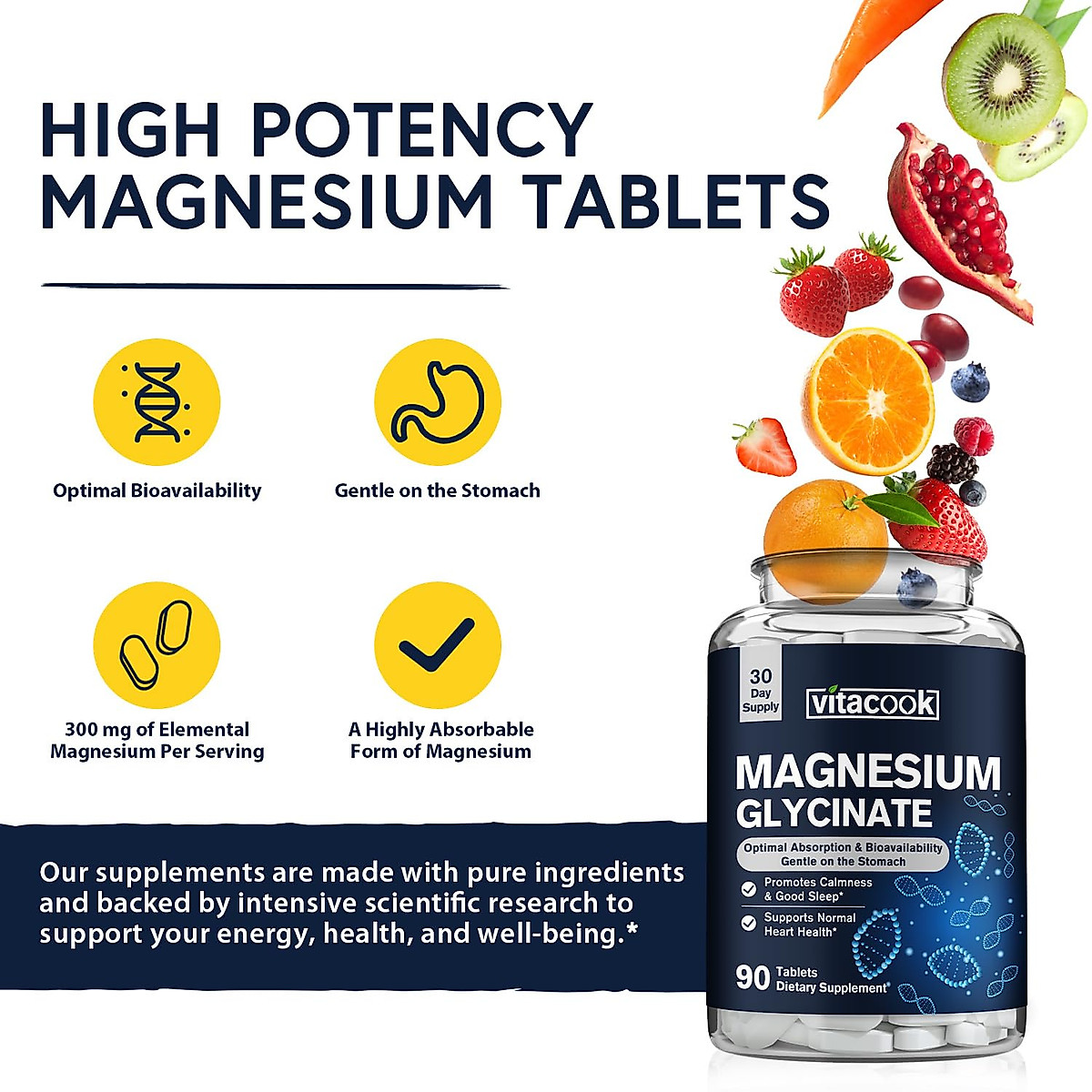 Vitacook Magnesium Glycinate 300 mg, Natural Calmness, Healthy Mood & Heart Support, Non Buffered, Non-GMO, High Potency and Ultra-Absorbable, 90 Tablets