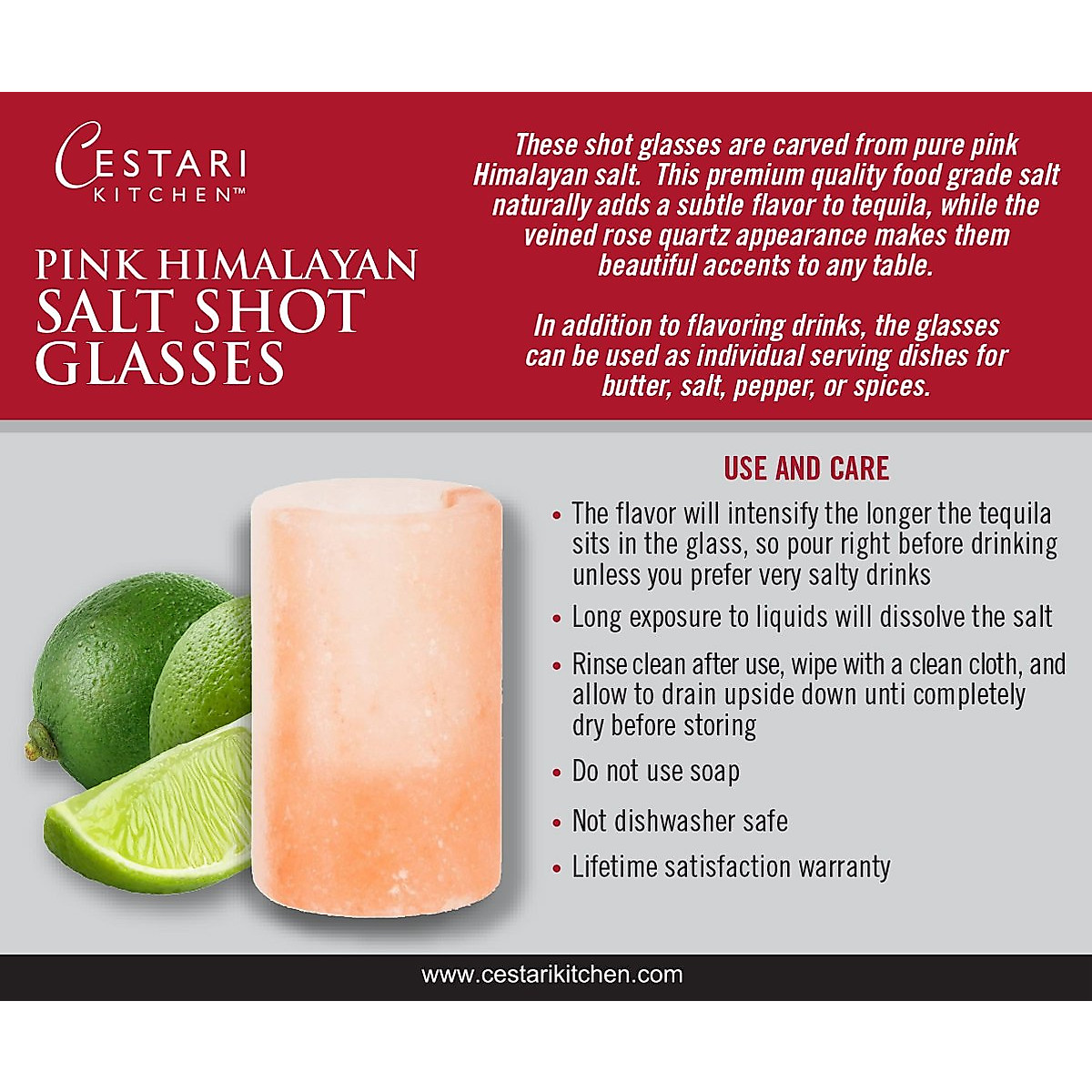 Himalayan Salt Shot Glasses - Pure Food Grade Himalayan Pink Salt - No Fillers or Binders - Handcrafted All Natural Tequila Salt Shot Glasses Set by Cestari (2 pack)
