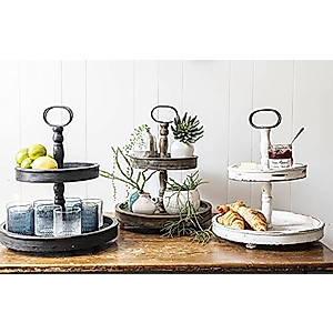 Creative Co-Op Distressed Brown Wood Metal Handle Two-Tier Tray 15 x 15 Inch