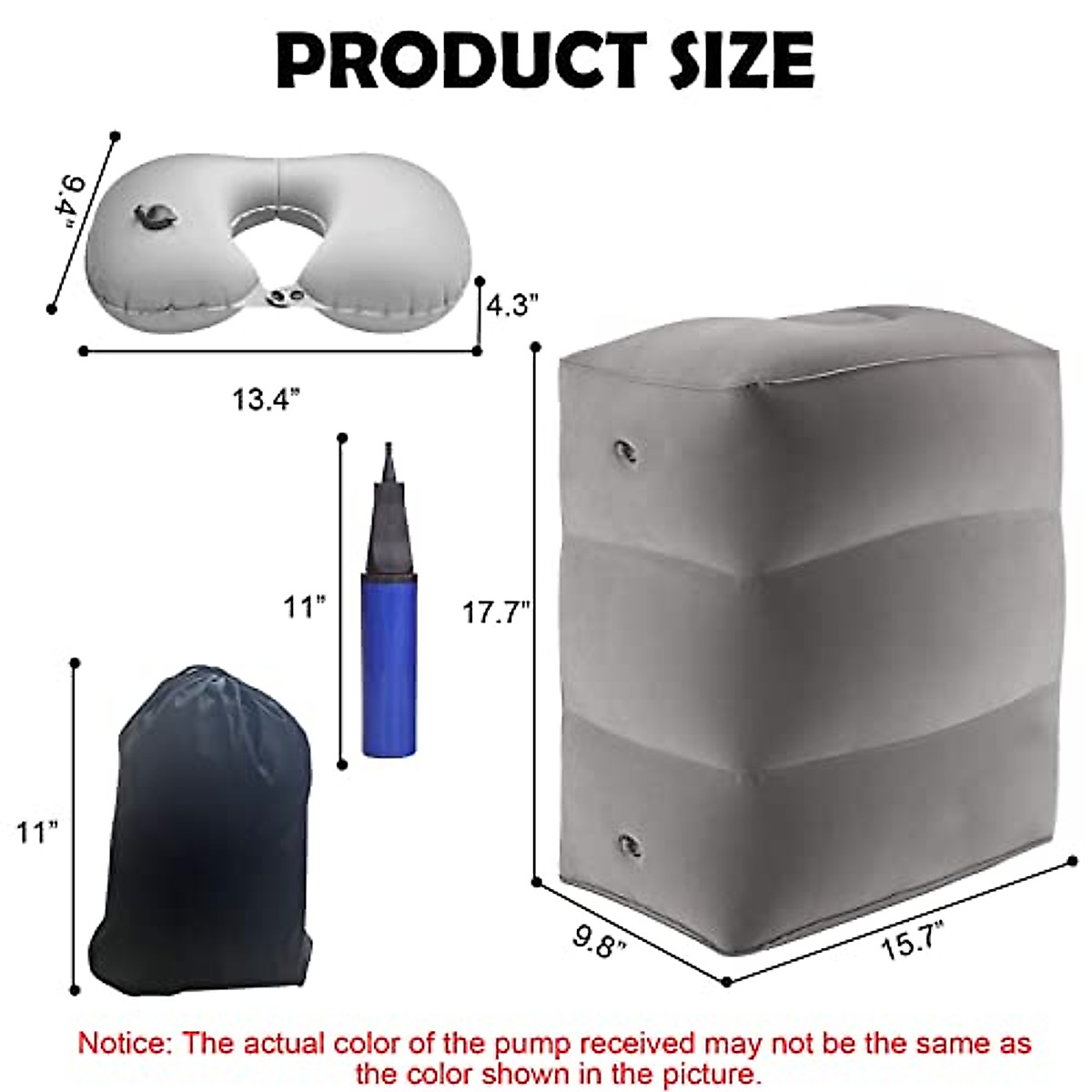 Inflatable Foot Rest Pillow for Travel Adjustable Three Layers for Adults Kids to Sleep While Traveling Suitable for Office Home with Pump Neck Pillow Eye Mask Earplugs and Portable Drawstring Bag