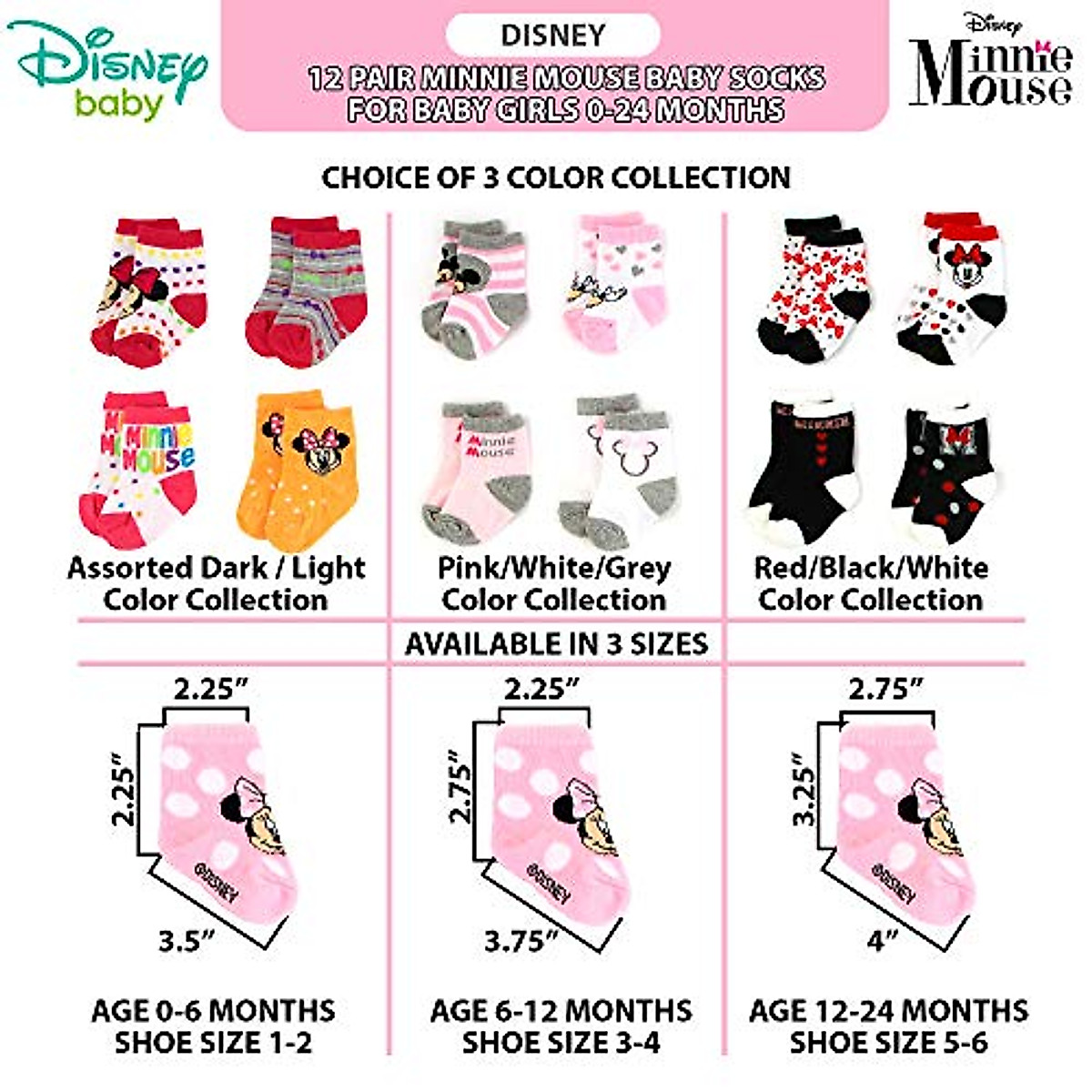 Disney Baby Girls Socks - 12 Pack Soft Newborn Baby Socks Character Prints - Cute Newborn and Infant Socks, 0-24M, Size 12-24 Months, Minnie Mouse Pink/Grey