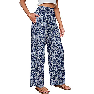 JASPAL Women Casual High Waisted Palazzo Pants Wide Leg Long Lounge Trendy Trousers with Pocket-XL-Blue White Flower
