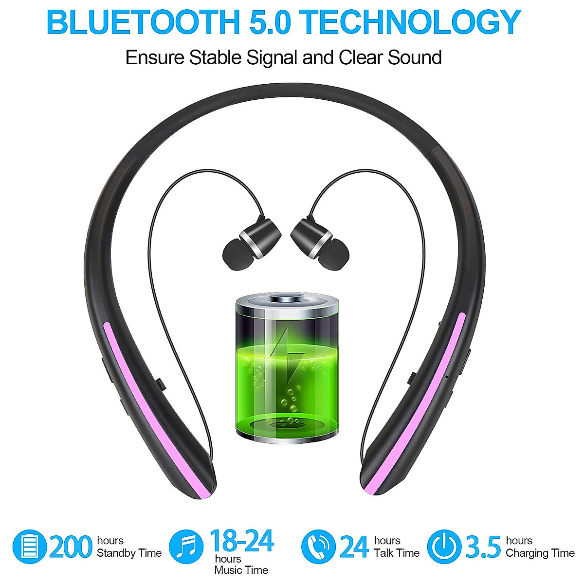 Bluetooth Headphones,Retractable Wireless Earbuds Neckband Headset Sports Noise Cancelling Stereo Earphones with Mic 24 Hrs Playtime Call Vibrate Alert(2020 Upgrade) (Black/Pink)