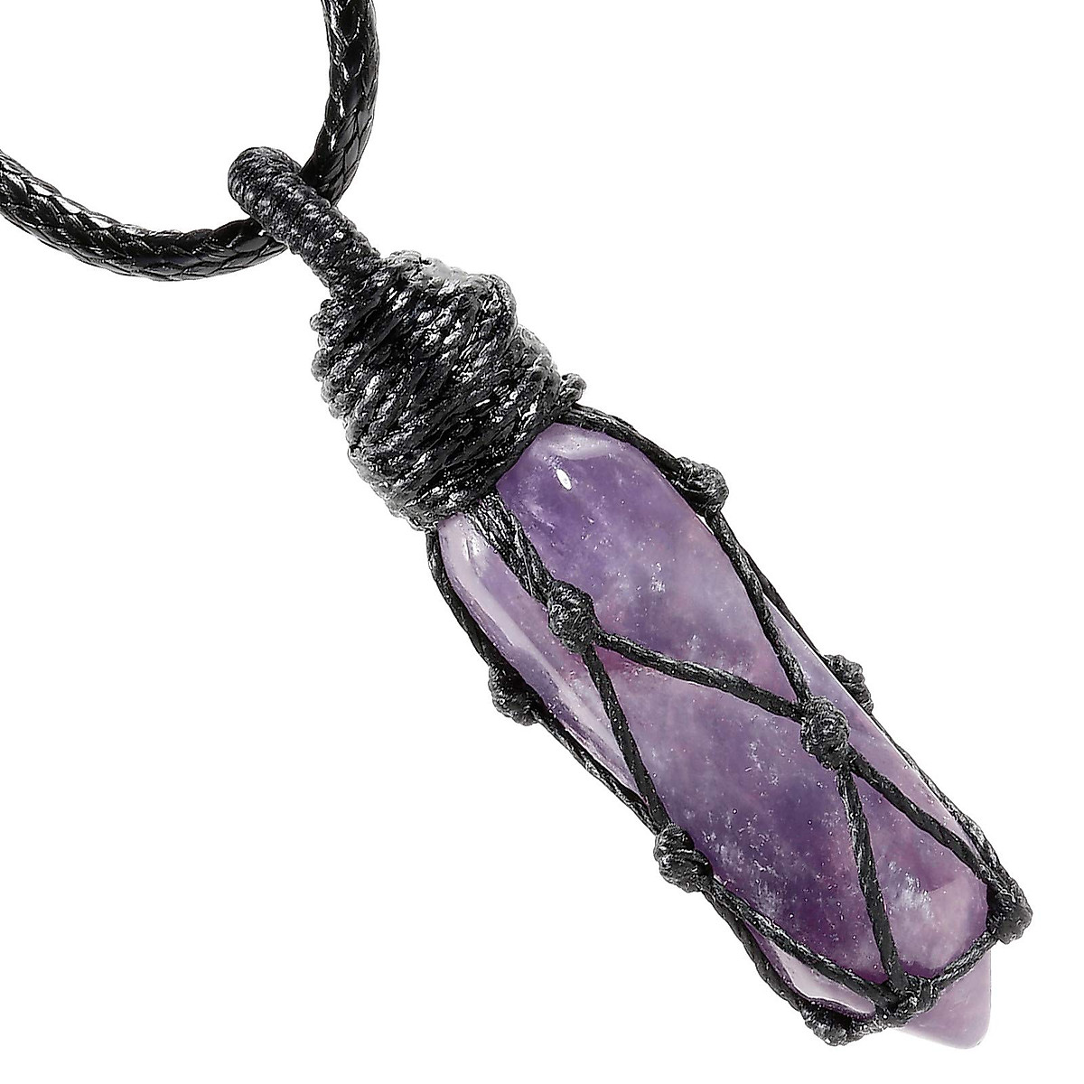 TUMBEELLUWA Hexagonal Amethyst Crystal Points Pendant Necklace for Unisex Wrapped Stone Wand Pendant with Adjustable Cord