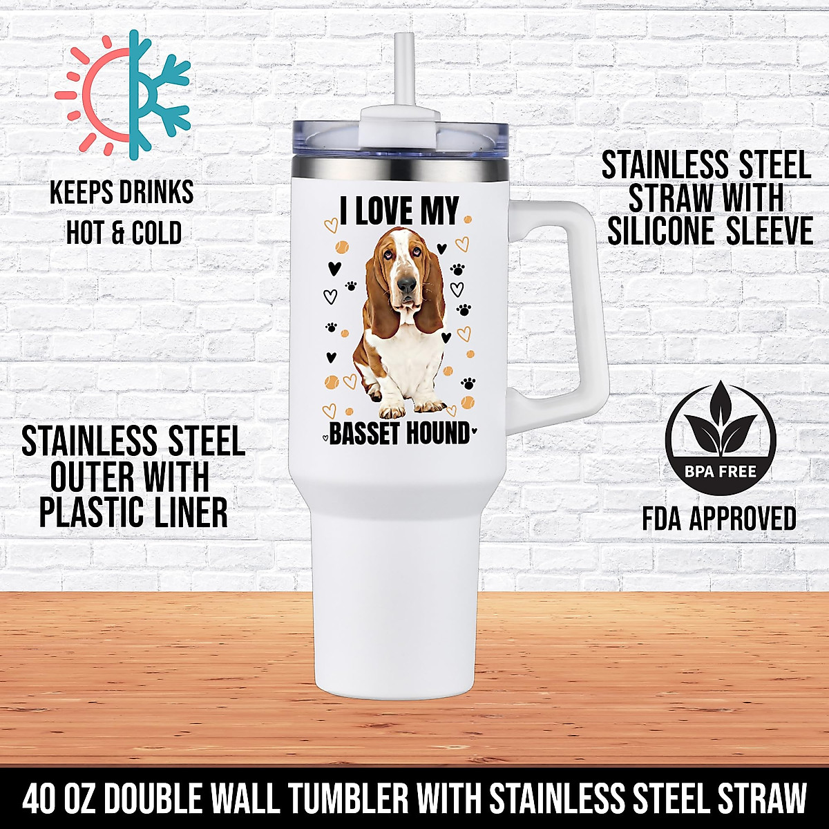 Basset Hound Dog Mom 40 oz Insulated Tumbler with Handle and Straw - Coffee Mug for Women, Dog Lover Gifts