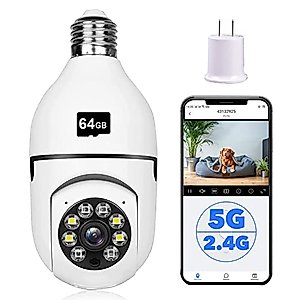 Light Bulb Security Camera, 1080P 2.4GHz WiFi Home Security Camera, 360° Surveillance Cam with Motion Detection Alarm Night Vision Light Socket Security Camera