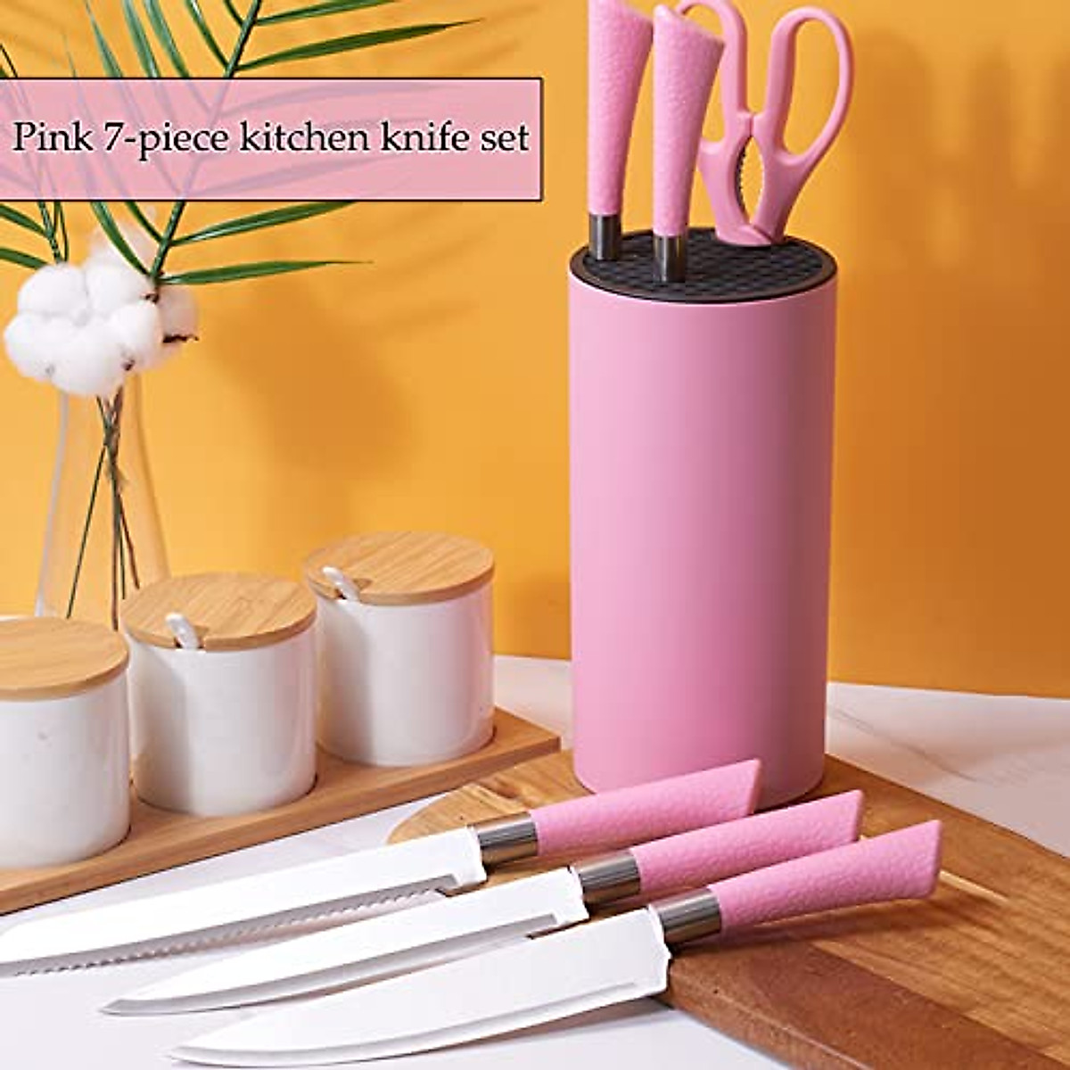 Kitchen Knife Set, Retrosohoo 7-Pieces Pink Non-stick Chef Knife Set with Storage Block, PP Handle Ultra Sharp Stainless Steel Cooking Knives with Gift Box for Girls Women (Pink)