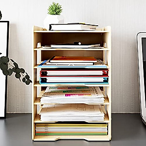 PUNCIA 7Tiers Lengthways Wood Office Paper Organizer for Desk Desktop File Holder Stackable Letter Tray Legal A4 Paper Sorter Document Book Magazine Mail Storage Shelf Rack Desk Literature Organizer