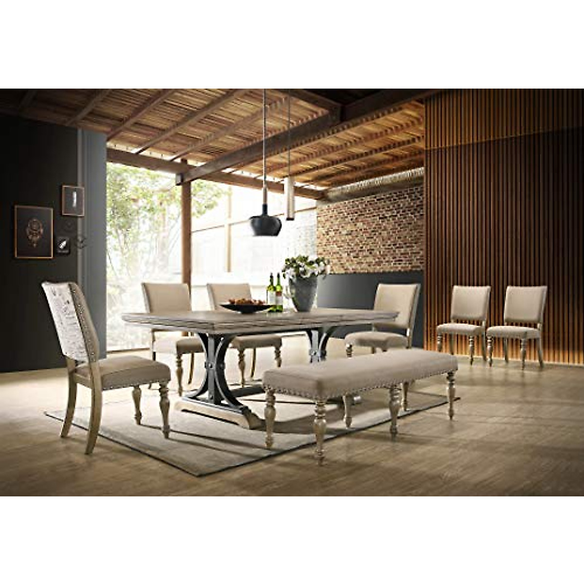 Roundhill Furniture Birmingham 8-Piece Extendable Table with Nailhead Bench Dining Set, Driftwood