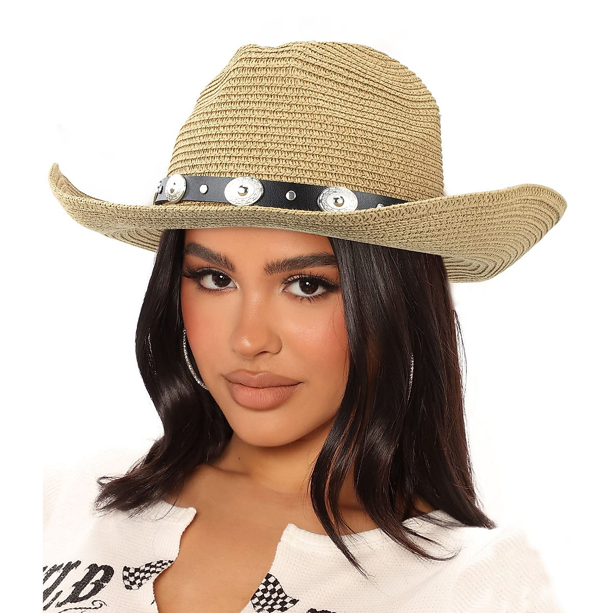 Straw Cowboy Hat for Women Men Western Sun Hat Wide Brim Summer Belt Cowgirl Hats(M-L)