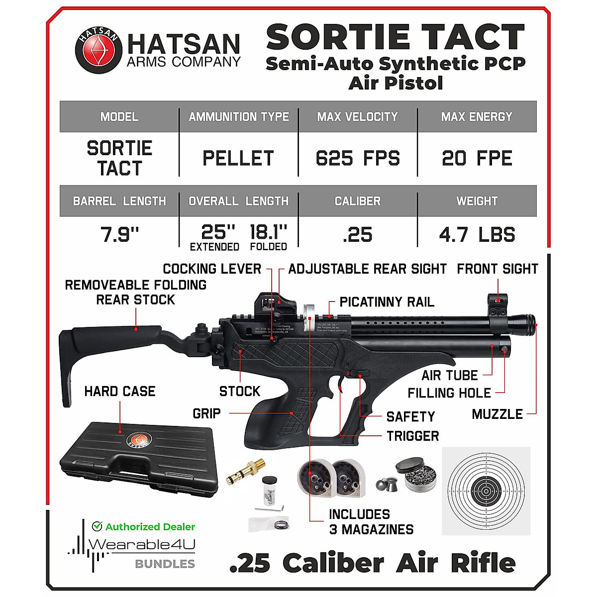 Hatsan Sortie Tact Semi-Auto PCP Synthetic .25 Cal Air Pistol with Wearable4U 100x Paper Targets and 150x .25cal Pellets Bundle