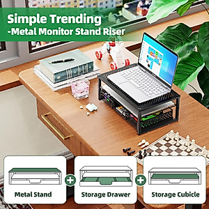 Simple Trending-Metal Monitor Stand Riser and Computer Desk Organizer with Drawer for Laptop, Computer, iMac, Black