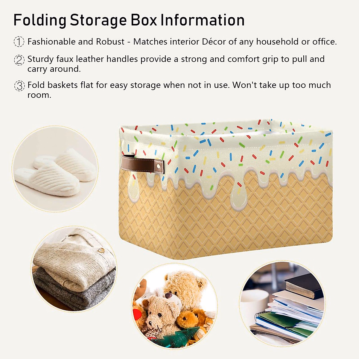 Kigai Ice Cream Texture Storage Bins for Shelves, Storage Basket with Double Handle, Foldable Storage Cubes with Metal Frame, Rectangular Closet Organizer Containers for Home Bedroom