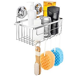 HASKO accessories Vacuum Suction Cup Shower Caddy | Deep Basket Organizer for Shampoo with Hooks | Adhesive 3M Stick Discs | Holder for Bathroom Storage | Polished Stainless Steel SS304