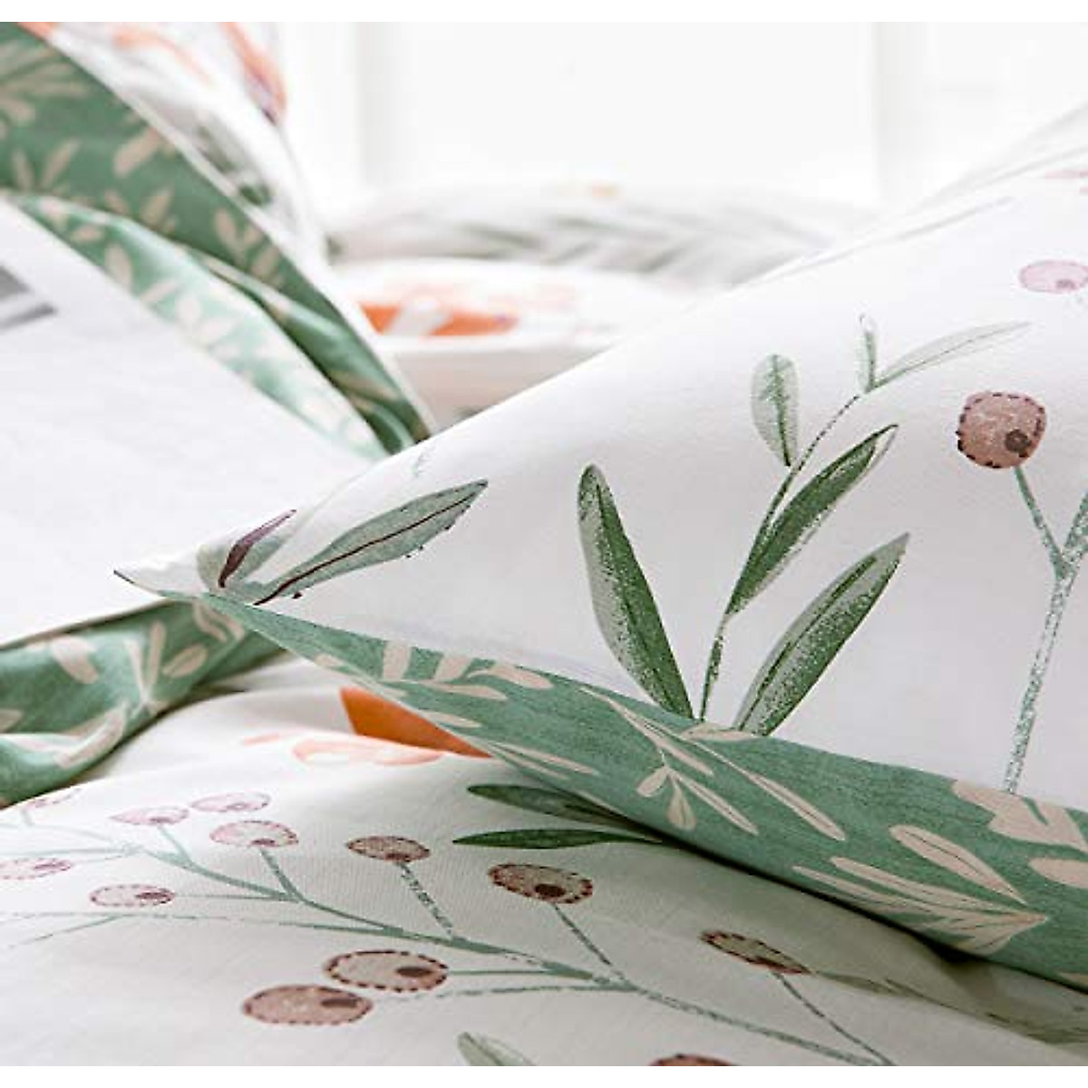 SLEEPBELLA Duvet Cover Queen, 600 Thread Count Cotton 3pcs Bedding Set Yellow Flowers and Green Branches Printed on White Reversible Comforter Cover