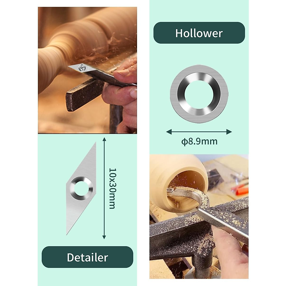 TBPA 24 Pieces Tungsten Carbide Cutters Inserts Set for Wood Lathe Turning Tools Included 11mm Square with Radius,12mm and 8.9mm Round, 30x10mm Sharp Point Diamond,12 Pieces screws