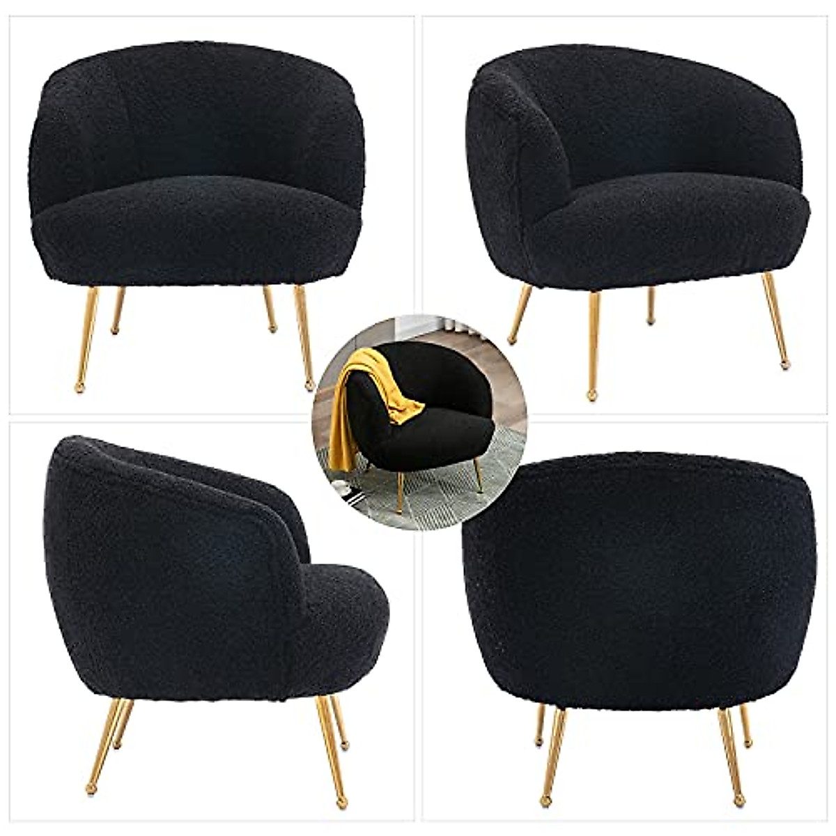 DUOMAY Modern Sherpa Accent Chair Armchair Upholstered Barrel Chair with Golden Legs Comfy Lounge Chair Single Sofa Club Chair for Living Room Bedroom Office, Black