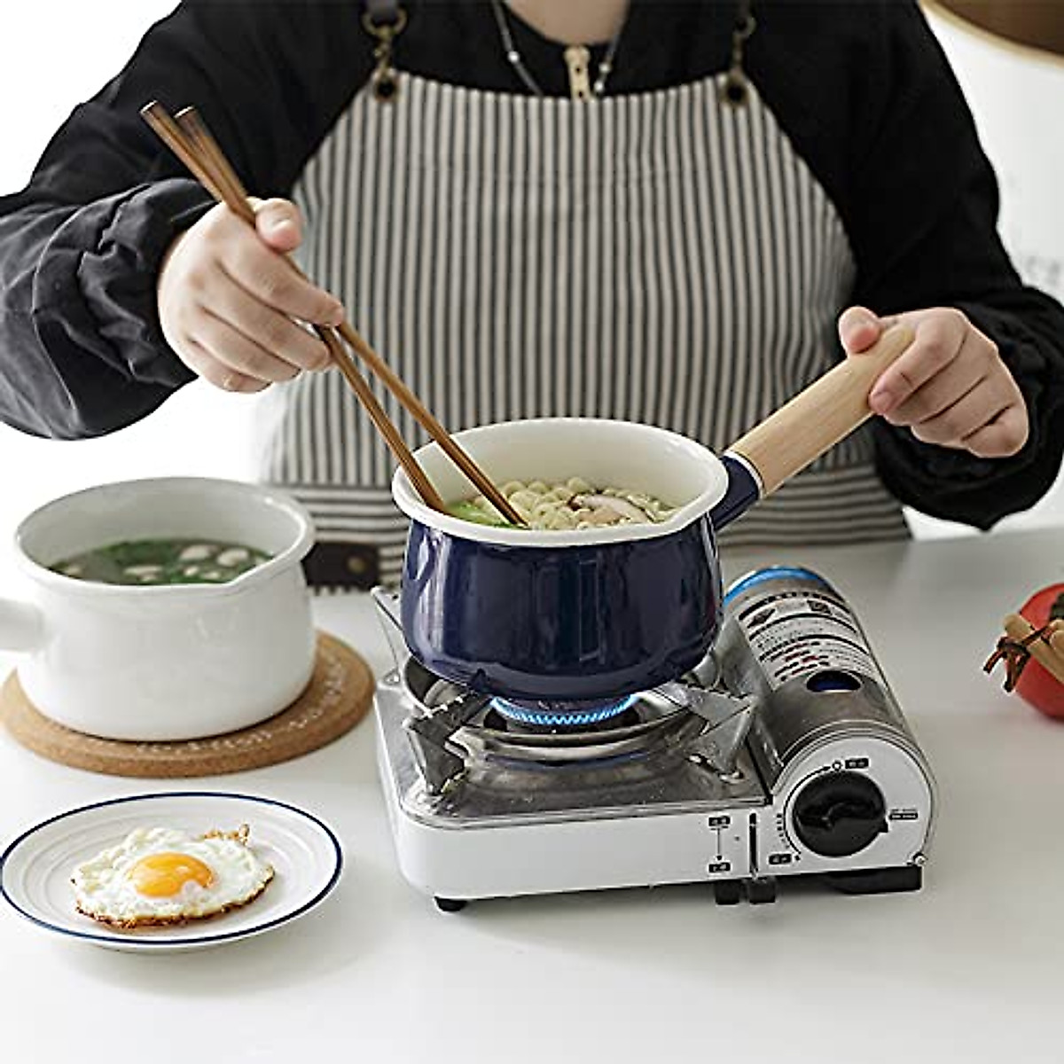 YumCute Home Enamel Milk Pan with Dual Pour Spout Butter Warmer Milk Pot Healthy White Enamel Inside Coating Iron 1QT Enamel Saucepan Small Soup Pot with Wooden Handle Handy Pot (Blue)