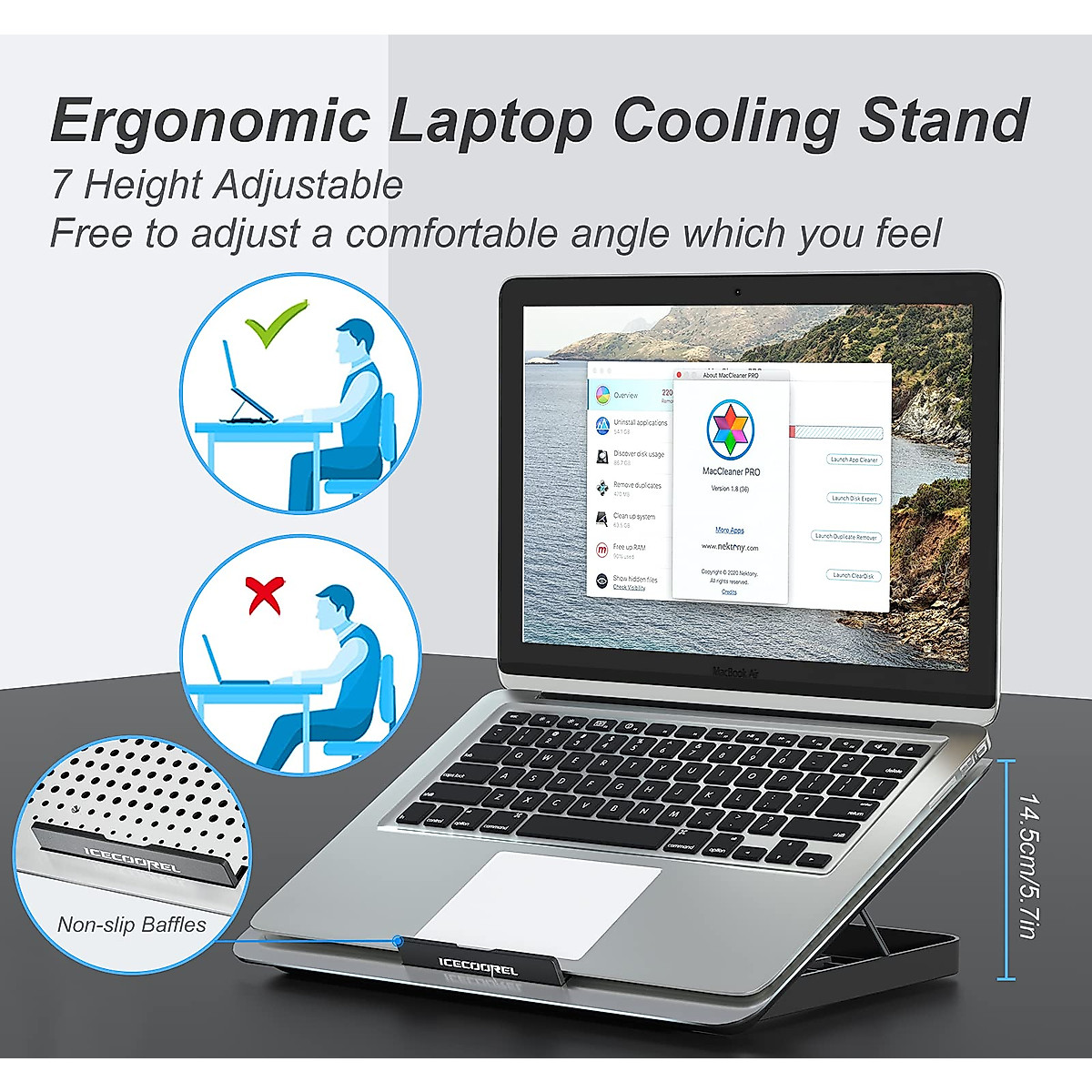 ICE COOREL Aluminum Laptop Cooling Pad 2023 Upgrade, Laptop Cooler Stand with 7 Height Adjustable, Laptop Fan Cooling Pad for Laptop 12-15.6 Inch, Notebook Cooler Pad with Two USB Port (Silver)