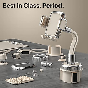 Bestrix Premium Leather Cup Holder Phone Mount for Car, No Shaking, Easy Installation, 360 Rotation, Universal Compatibility with Samsung, Android, iPhone up to 6.7", Automobile Cradle (Off - White)