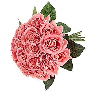 Pure Garden Rose Artificial Flowers - 18Pc Real Touch 11.5-Inch Fake Flower Set with Stems for Home Decor, Wedding, or Bridal/Baby Showers (Coral)