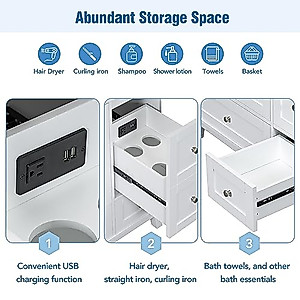FEELLE 36 Inch Modern Bathroom Vanity with USB Charging, 2 Doors and 3 Drawers Bathroom Storage Vanity Cabinet with Single Sink, White