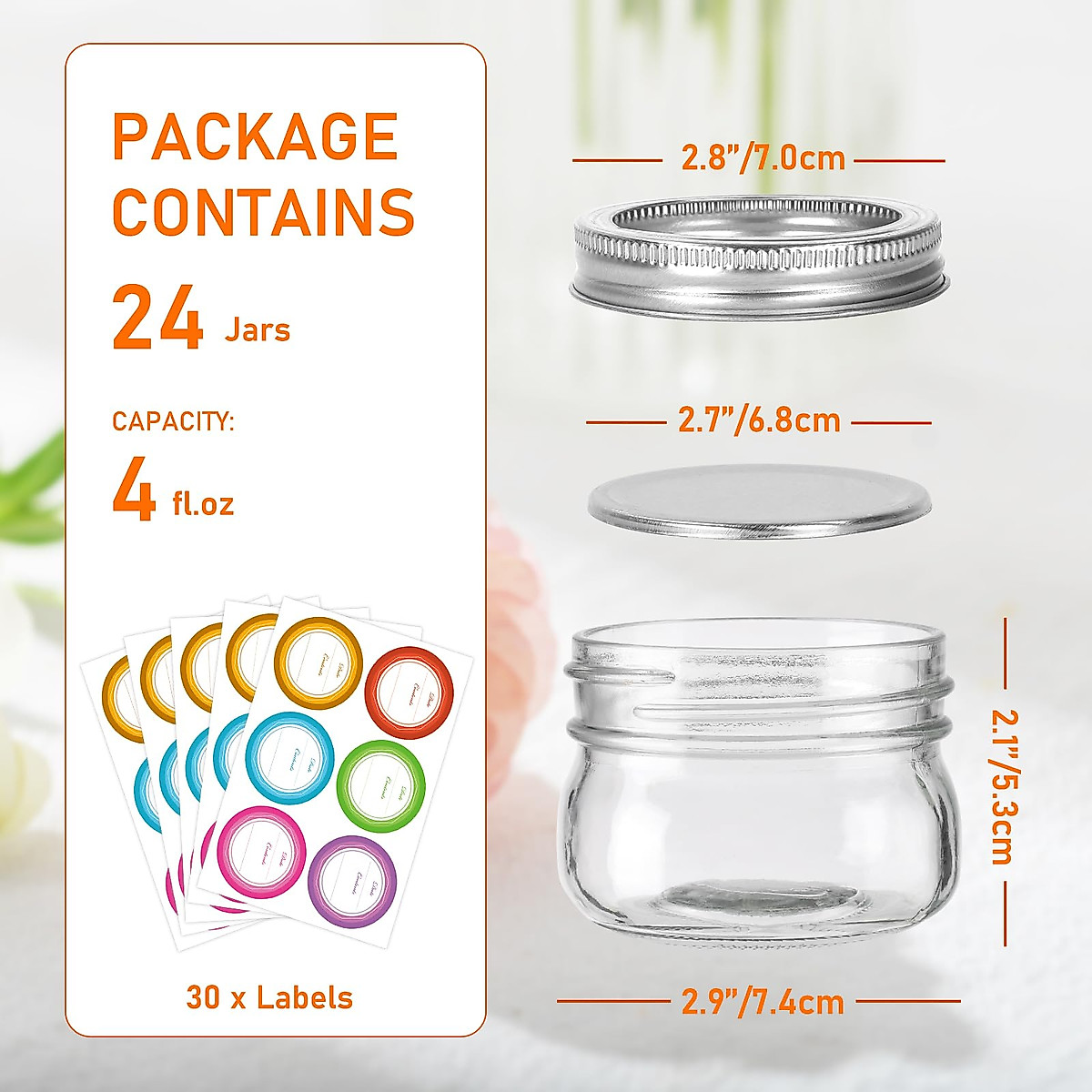 24 Pack 4 oz Mason Jars with Lids, Glass Canning Jars with Regular Mouth Lids, Canning Jars for Jam, Candy and Wedding Favors