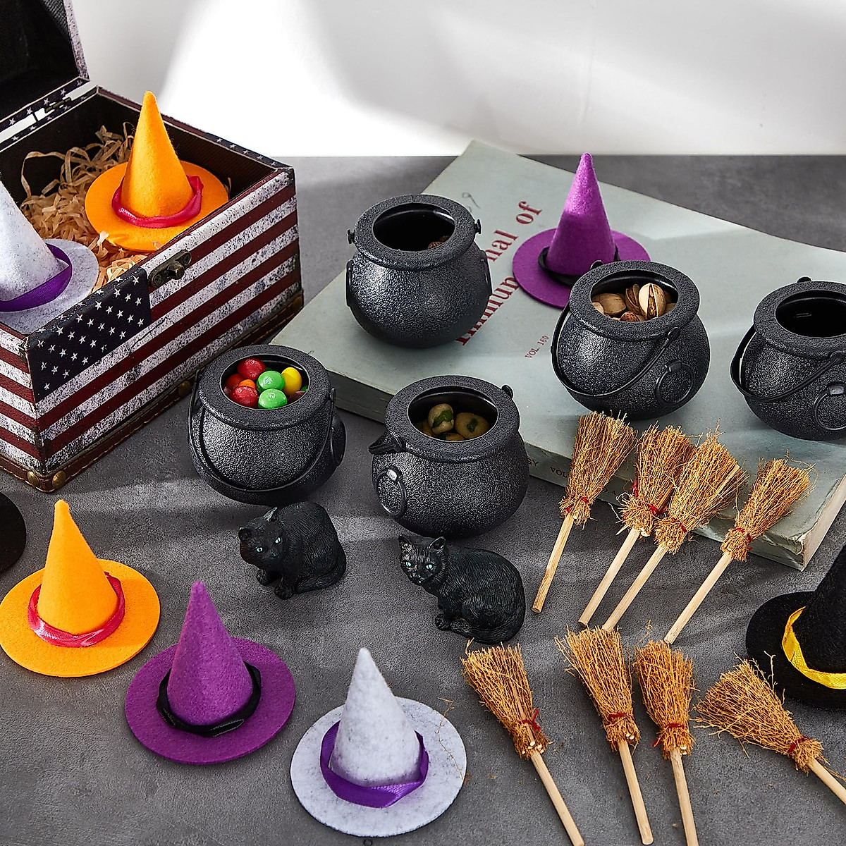 Deekin 32 Pcs Halloween Mini Witch Hats, Mini Witches Broom, Candy Cauldron Kettles and Black Kitten Figurines for Craft