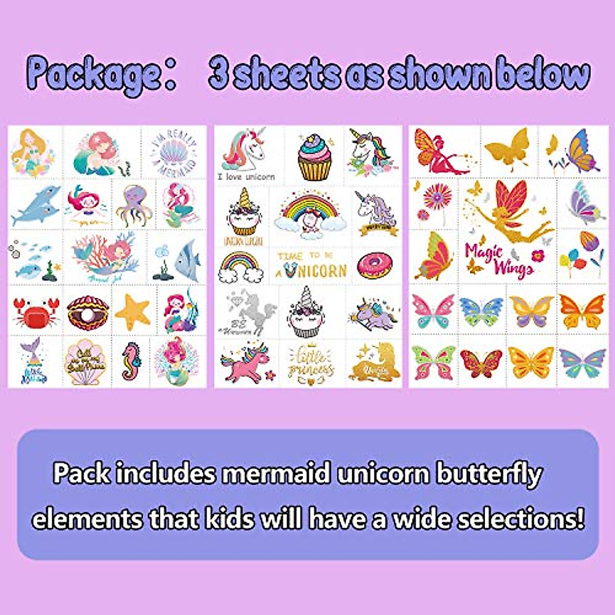 Leesgel 49 Styles Metallic Glitter Temporary Tattoos for Girls, Mermaid Unicorn, Butterfly Tattoos, Fake Temporary Tattoos for Kids Children Toddlers