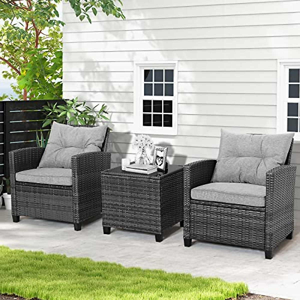 HAPPYGRILL 3 Pieces Patio Furniture Set Outdoor PE Rattan Conversation Set with Removable Cushions, PE Wicker Sofas with Tempered Glass Side Table for Porch Lawn Garden Balcony Backyard