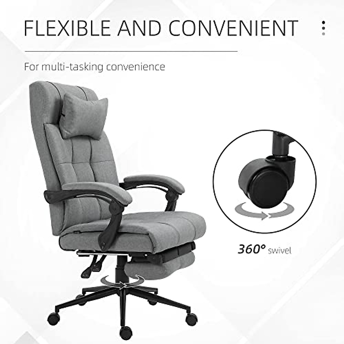 Vinsetto Executive Linen-Feel Fabric Office Chair High Back Swivel Task Chair with Adjustable Height Upholstered Retractable Footrest, Headrest and Padded Armrest, Light Grey
